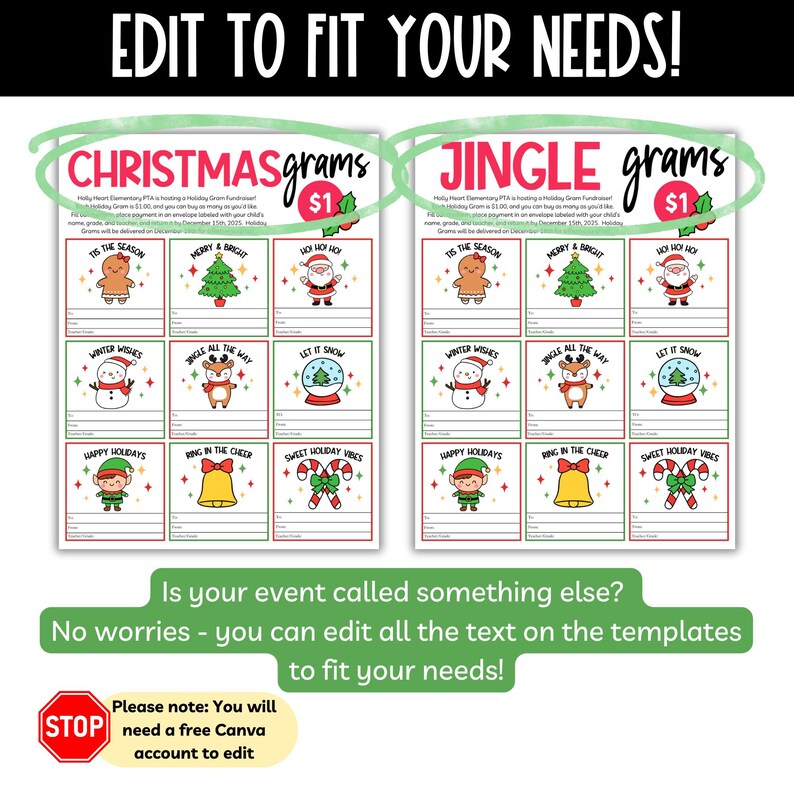 Christmas Grams Fundraiser Kit, Holiday Candy Cane Gram Tags Printable ...