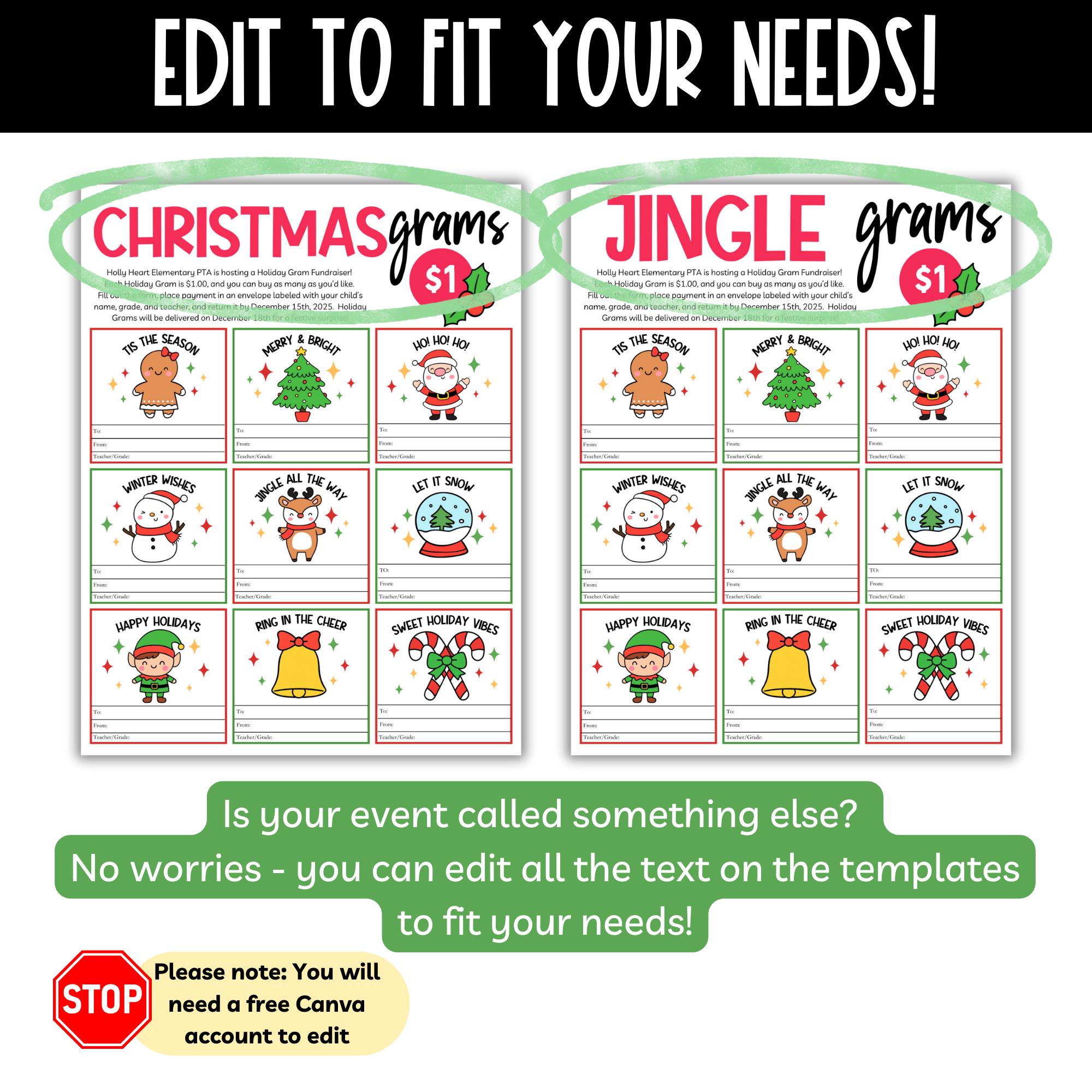 Christmas Grams Fundraiser Kit, Holiday Candy Cane Gram Tags Printable ...