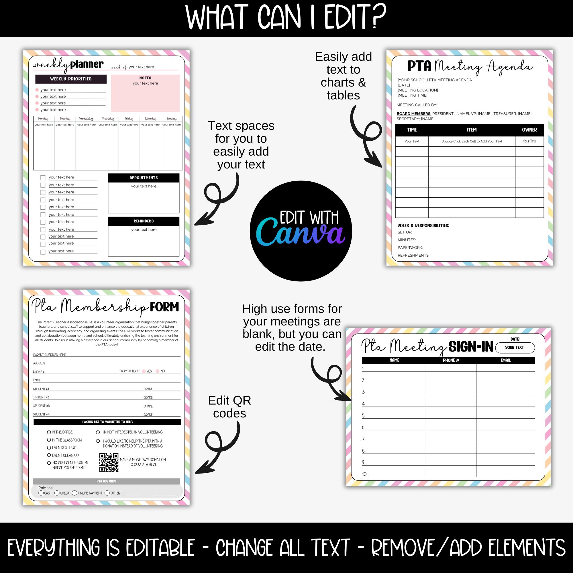 Editable PTA President Planner Canva BUNDLE, Membership Forms ...