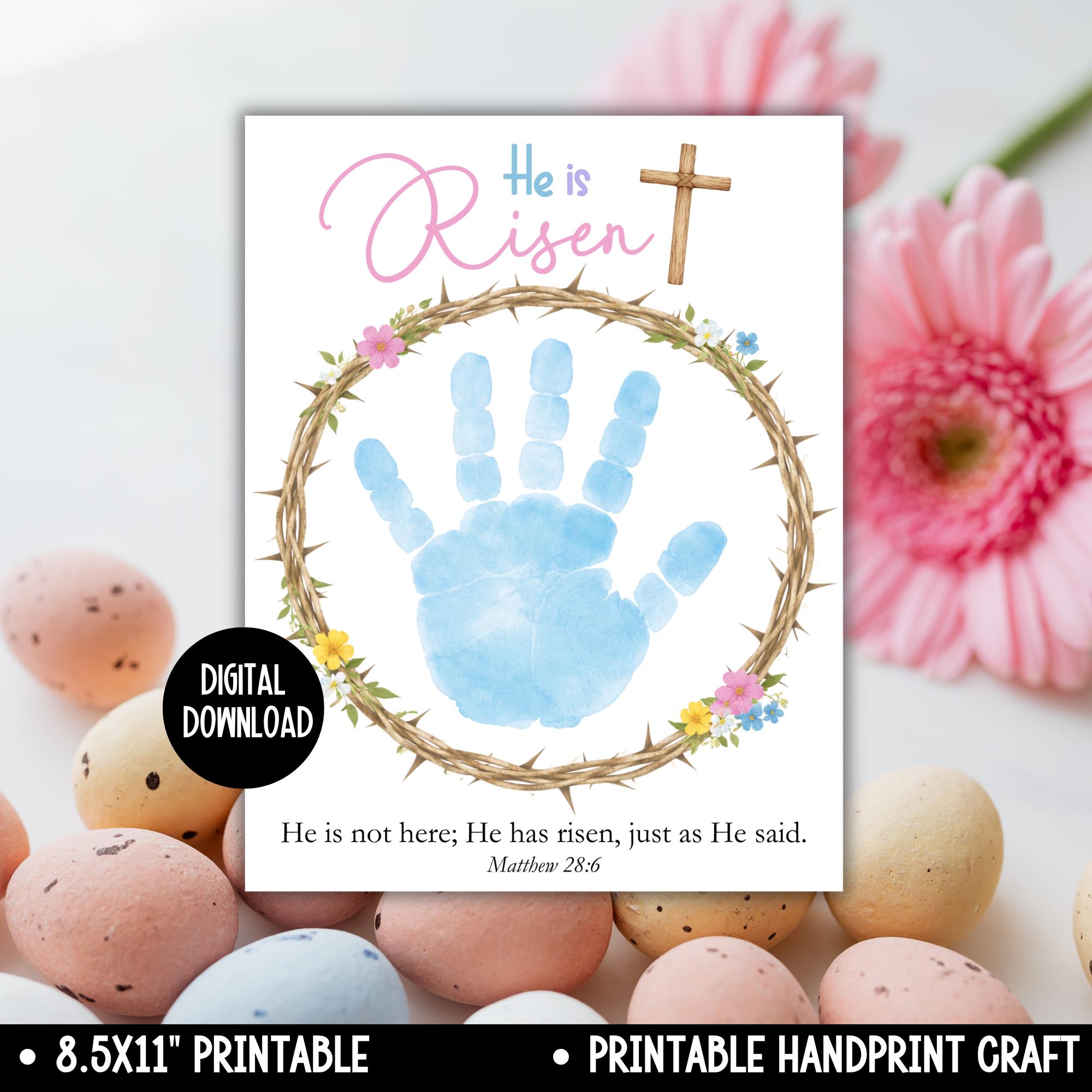 Christian Easter Handprint Craft Printable, He is Risen Bible Verse ...