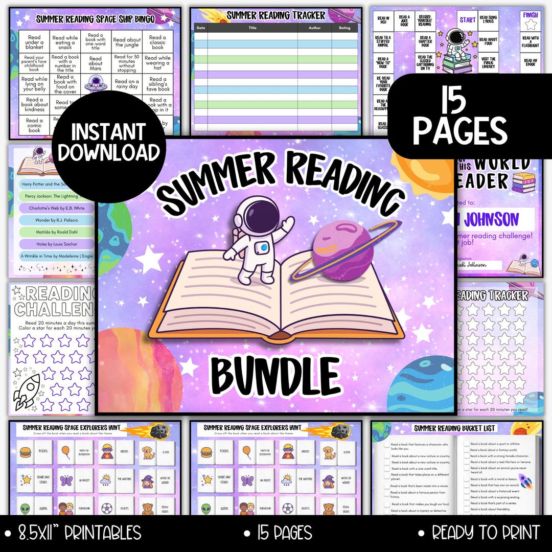 Summer Reading Challenge Tracker Bundle for Kids, Digital Reading Chart ...