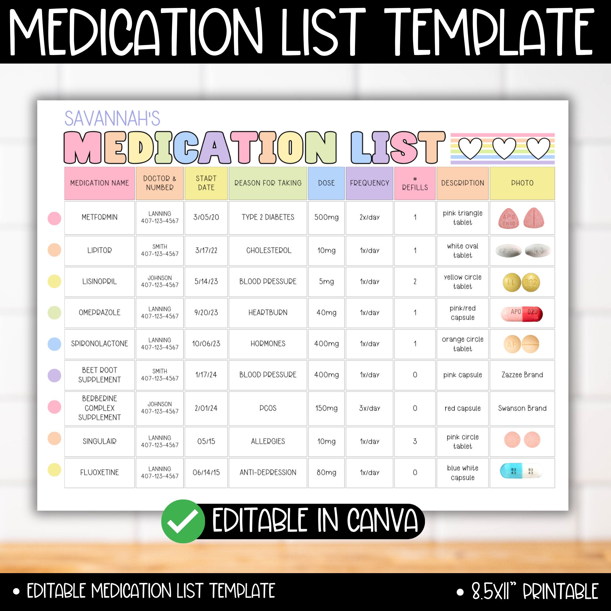 Medication Supplement List Tracker Log Chart Printable Template ...