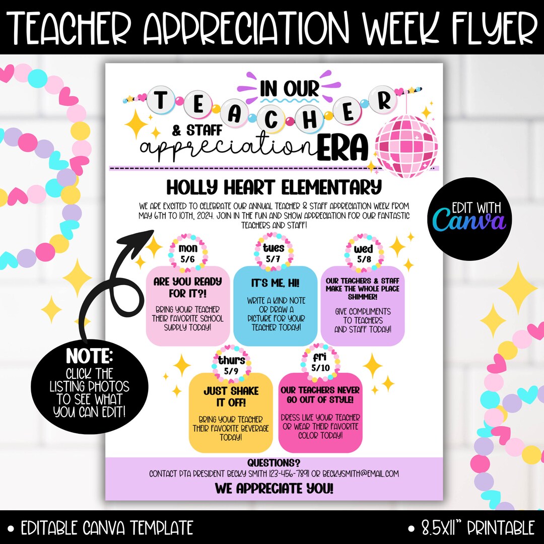 Teacher and Staff Appreciation Week Pop Star Theme Flyer, Editable ...