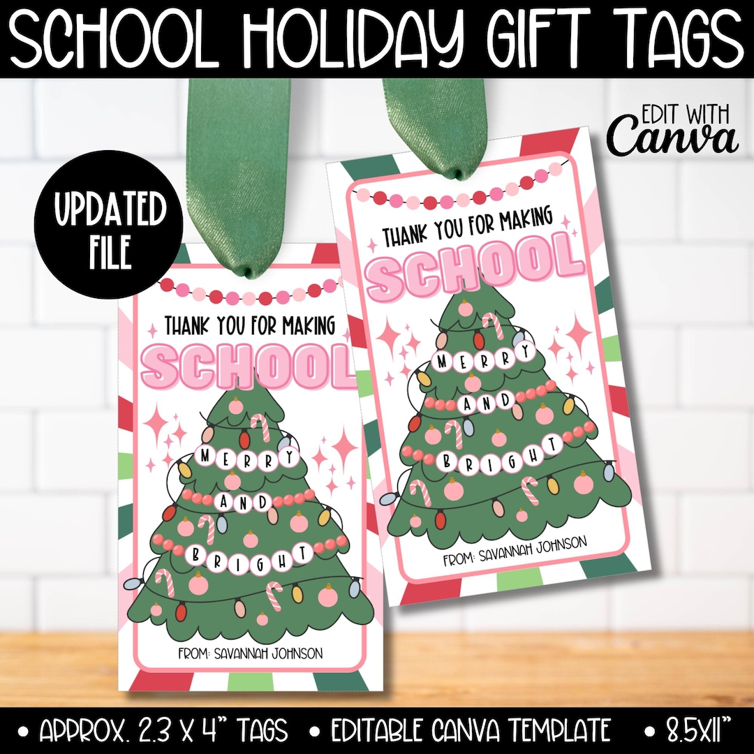 Pink Christmas School Era Gift Tag Card Template, Class Treat, Holiday ...