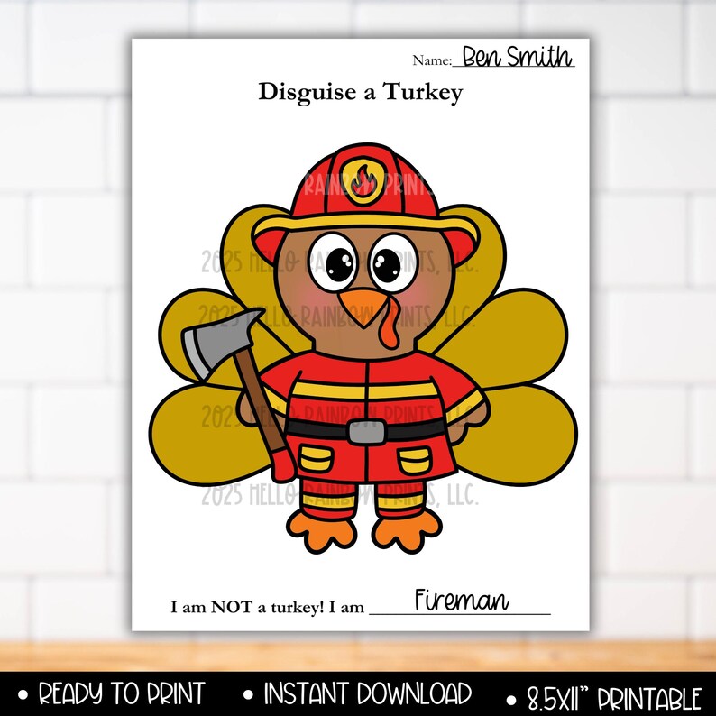 Disguise the Turkey Fireman Printable Craft Kit, Kids Thanksgiving ...