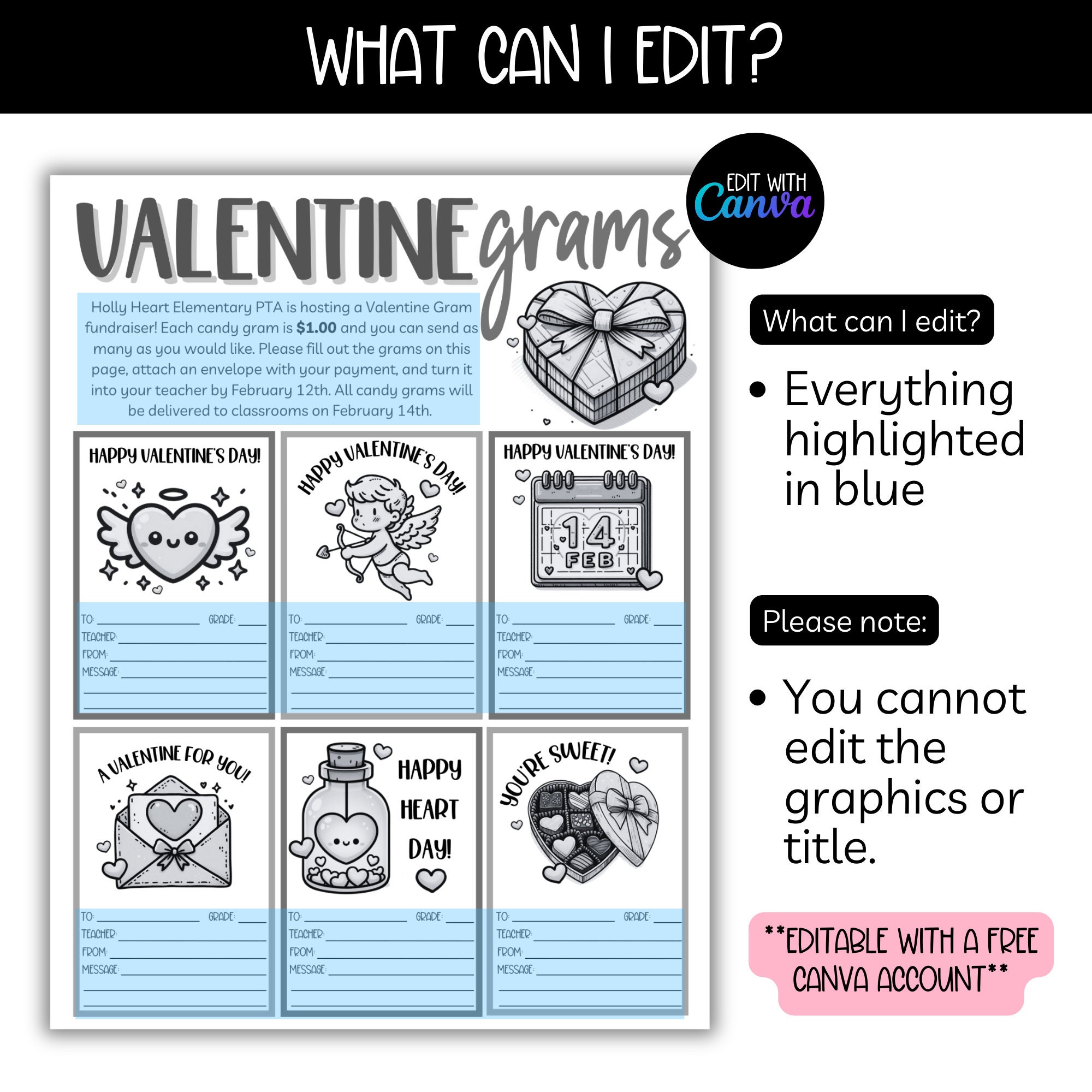 Valentines Day Candy Gram Fundraiser Flyer Forms Tag Template PTA PTO ...