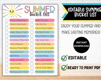 Editable Summer to Do List, Kids Bucket List Printable, Custom Summer ...