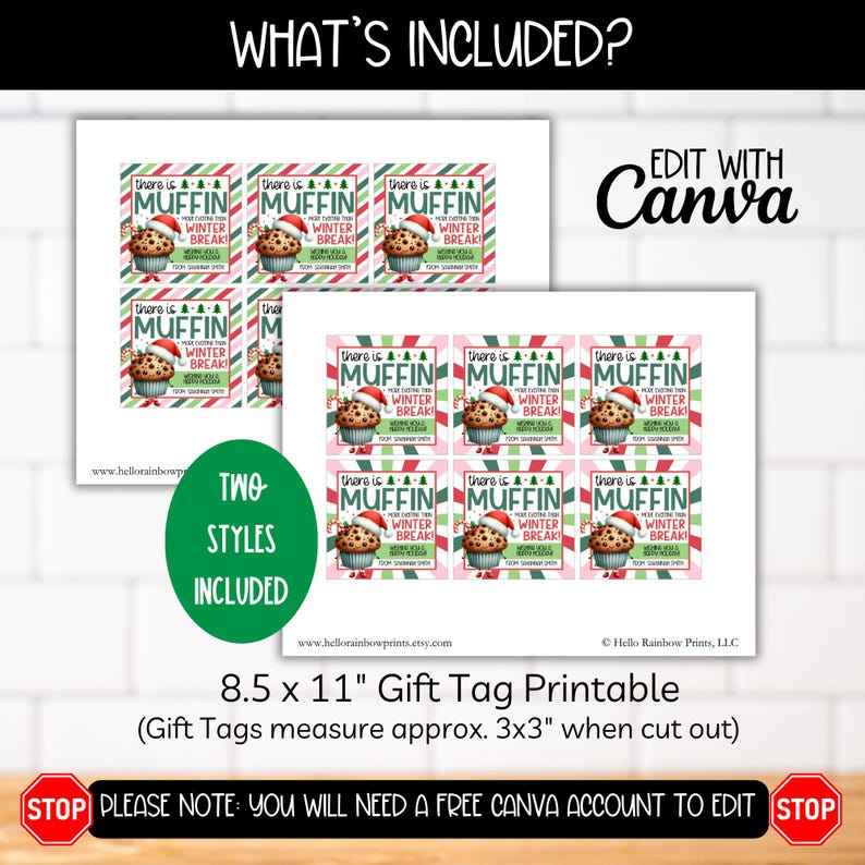 Holiday Muffin Kids Class Treat Gift Tags, Editable Christmas Mini ...