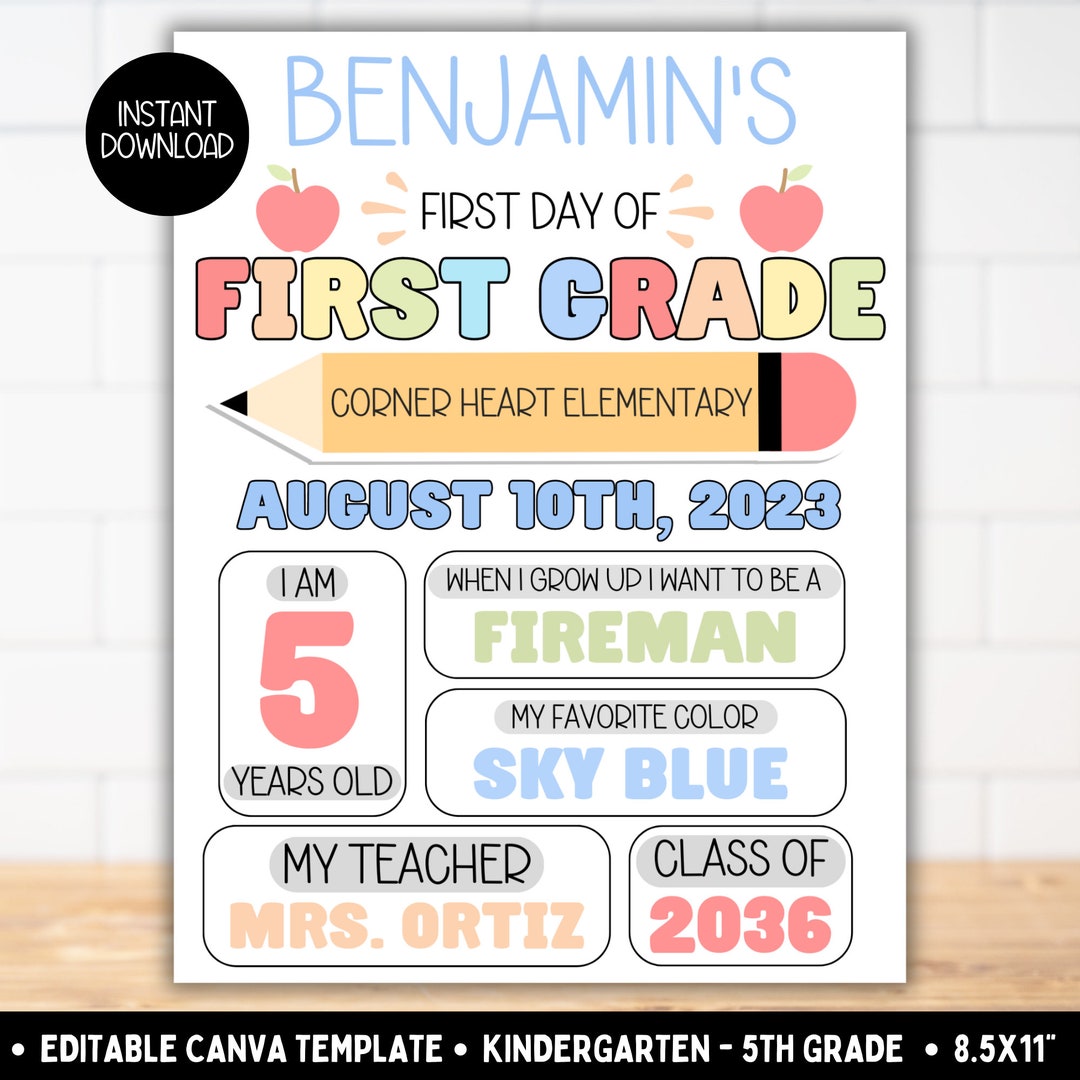 First Day of School Editable Printable Sign for Boy | 1st Day of School ...