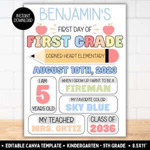 First Day of School Editable Printable Sign for Boy | 1st Day of School ...