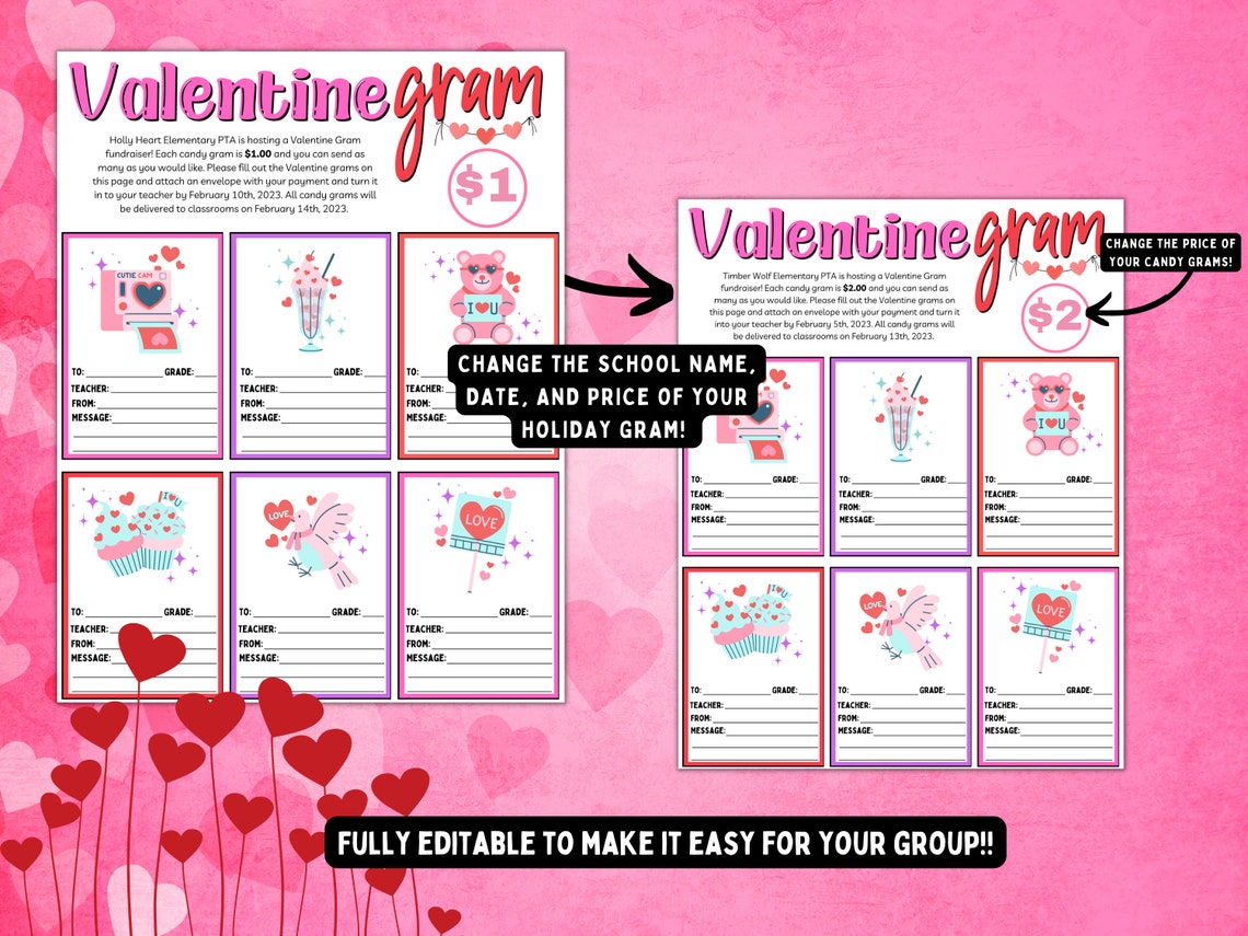 PTA PTO Valentine's Day Candy Gram School Fundraiser Flyer Template ...