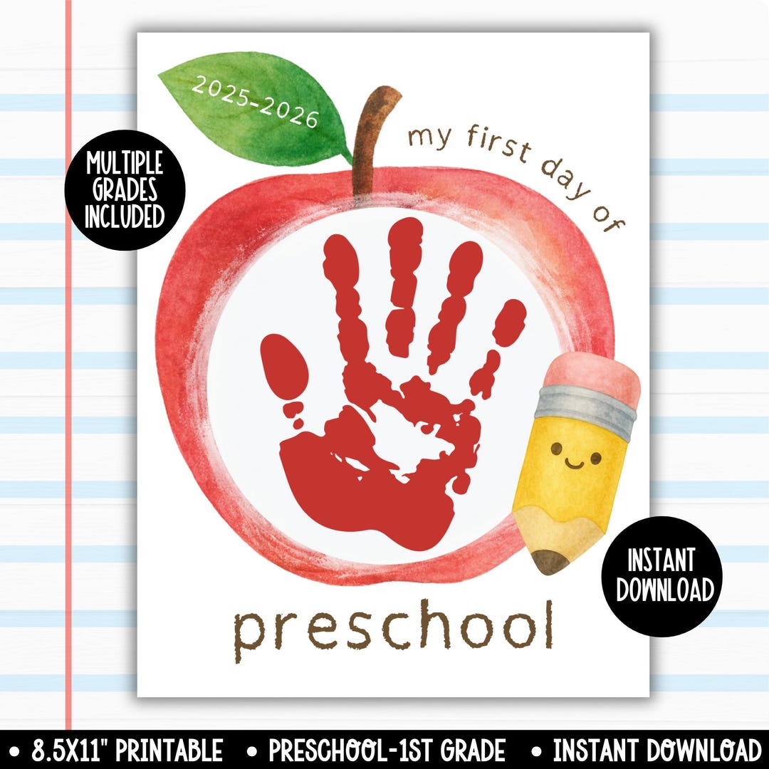 2025 First Day of School Apple Handprint Craft: Preschool Kindergarten ...