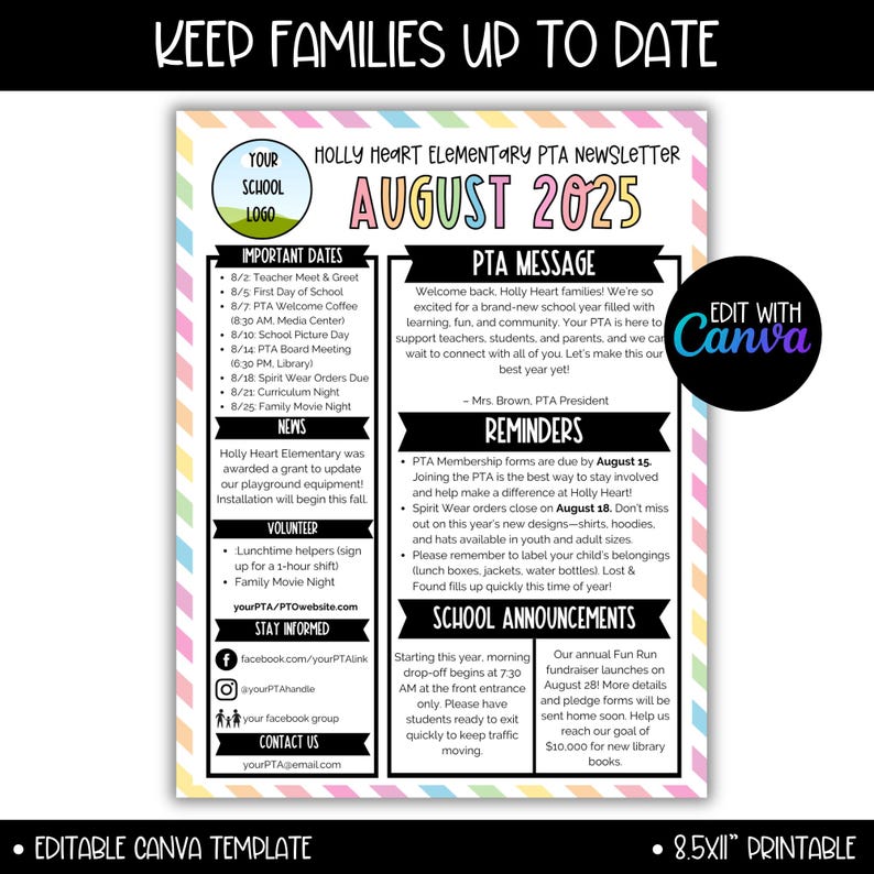 Editable PTA Newsletter Bundle Template, PTA Monthly School News Events ...