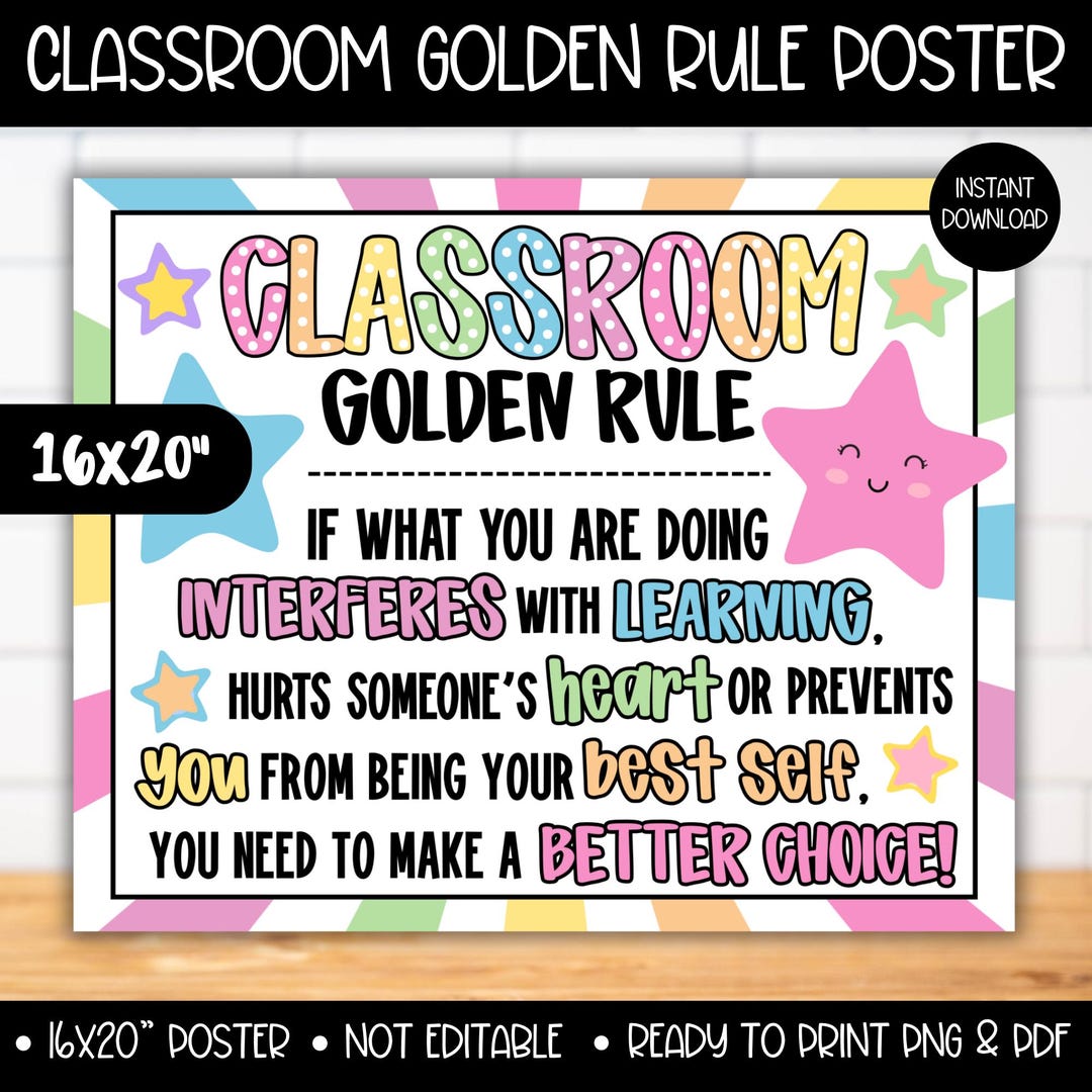 Pastel Rainbow Classroom Golden Rule Poster, Cute Star Classroom Rules ...