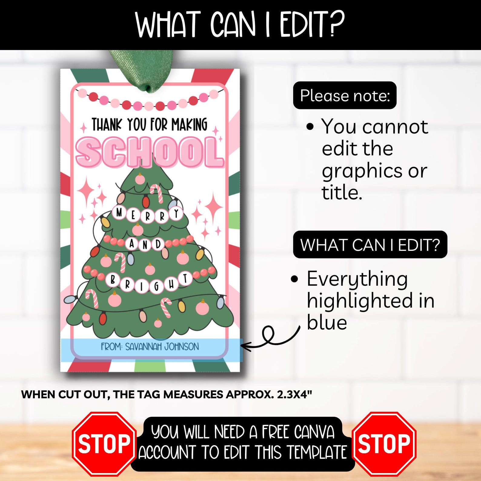 Pink Christmas School Era Gift Tag Card Template, Class Treat, Holiday ...