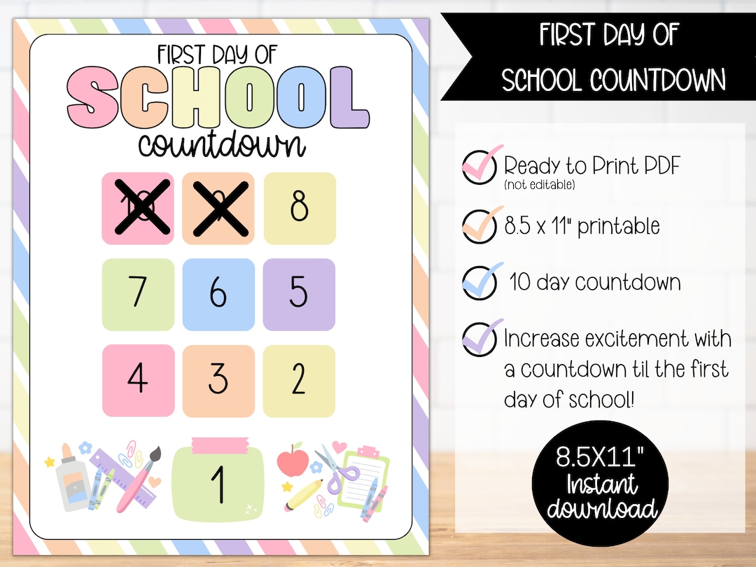 First Day of School Countdown for Kids Printable PDF | Countdown to ...