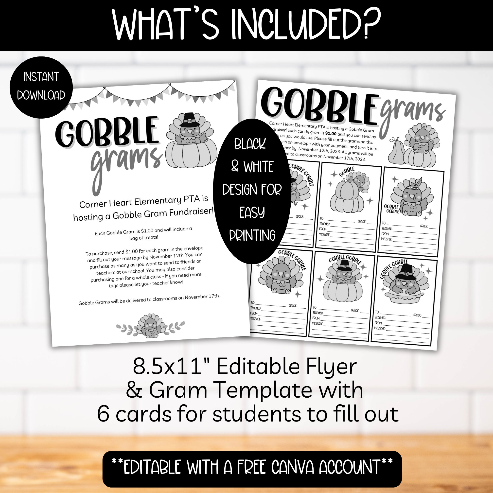 PTA PTO Gobble Turkey Thanksgiving Gram Fundraiser Flyer Template ...