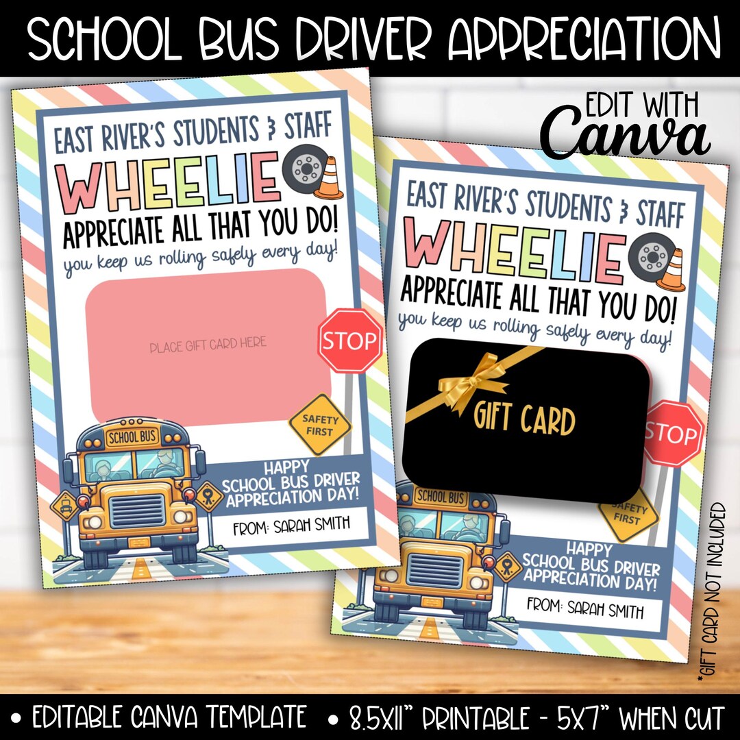 School Bus Driver Appreciation Day Customized Gift Card Holder Template ...