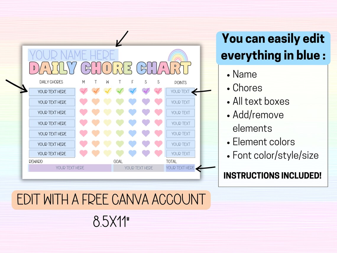 Editable Colorful Kid Chore Chart, Cleaning Schedule Planner, Family ...