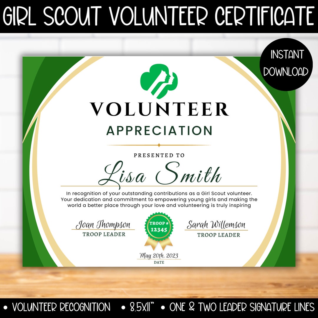 Girl Scout Volunteer Appreciation Certificate Editable Template, Girl ...