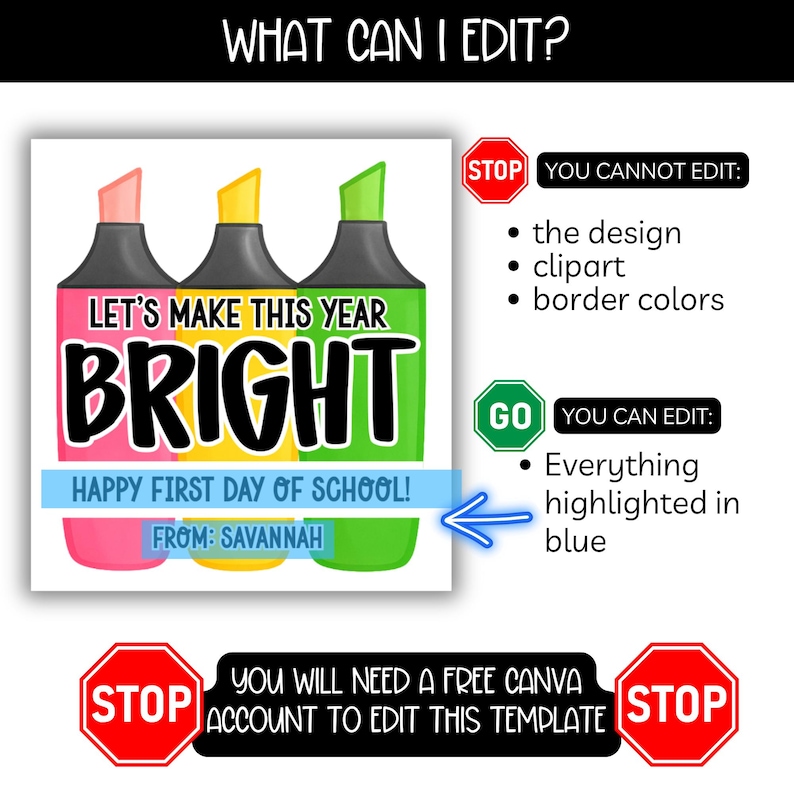 Editable Back to School Highlighter Gift Tag, First Day of School ...