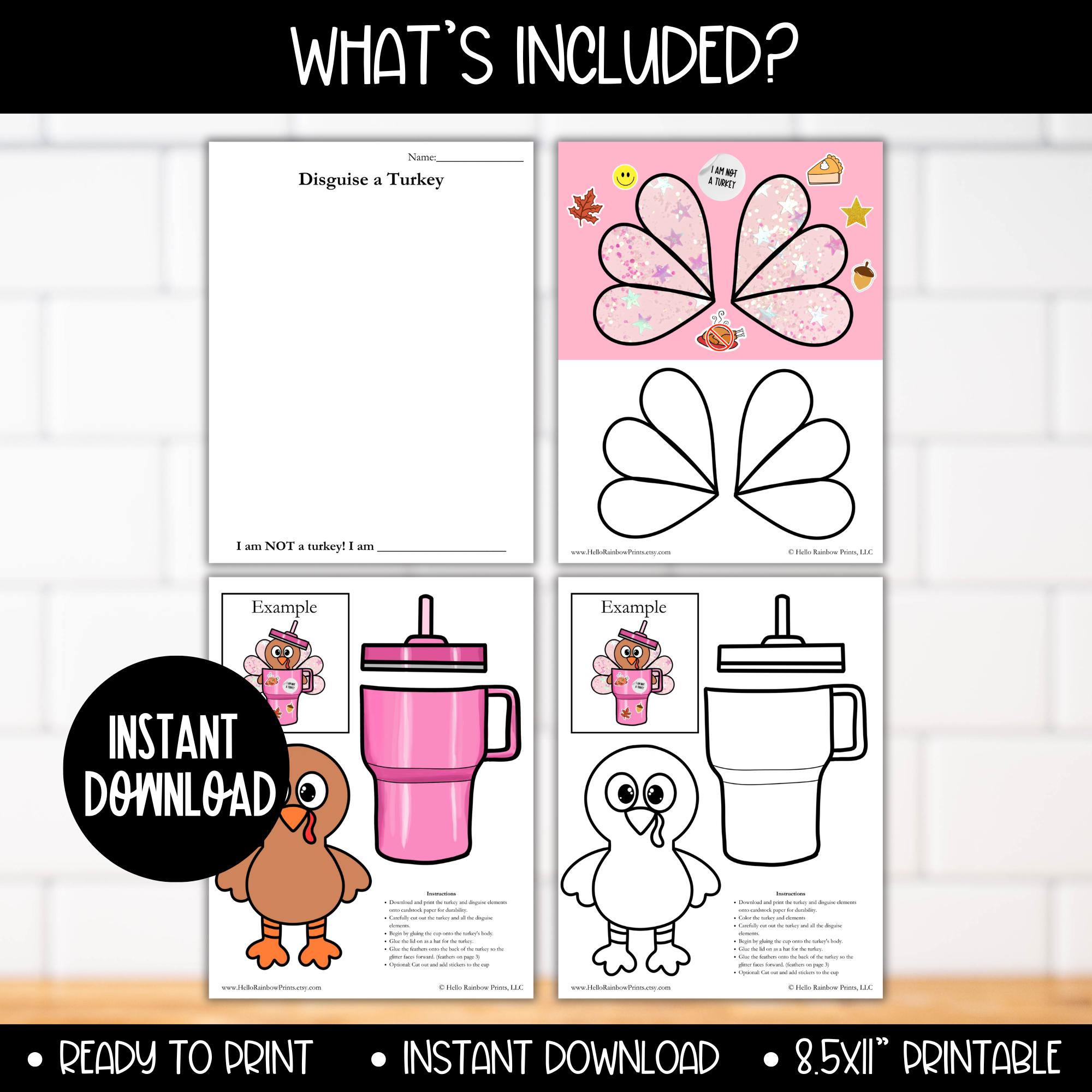 Pink Stanley Cup Turkey Disguise Printable Craft Kit, Coloring Turkey ...