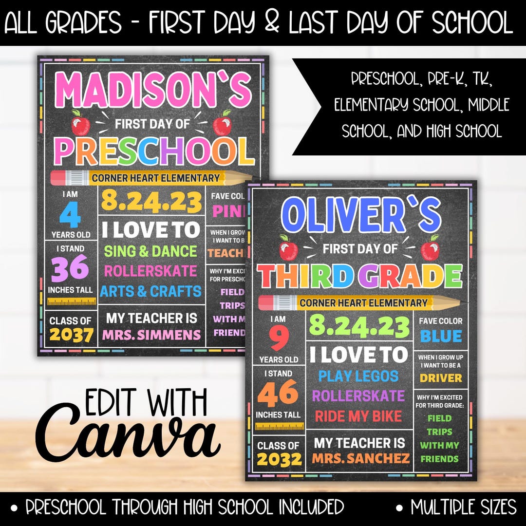 Back to School FIRST & LAST Day Chalkboard Sign Printable Bundle ...