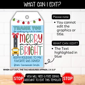 School Bus Driver Christmas Gift Tag Card, Editable Busdriver Holiday ...