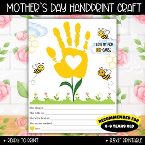 Mother's Day Bee Flower Handprint Craft, Gift for Mom Printable, Kids ...