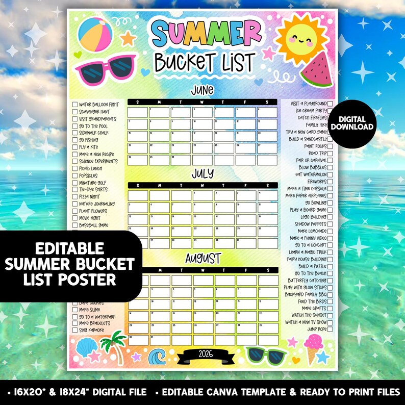 Editable Kids Summer Planner 2026 Printable, Summer Bucket List ...