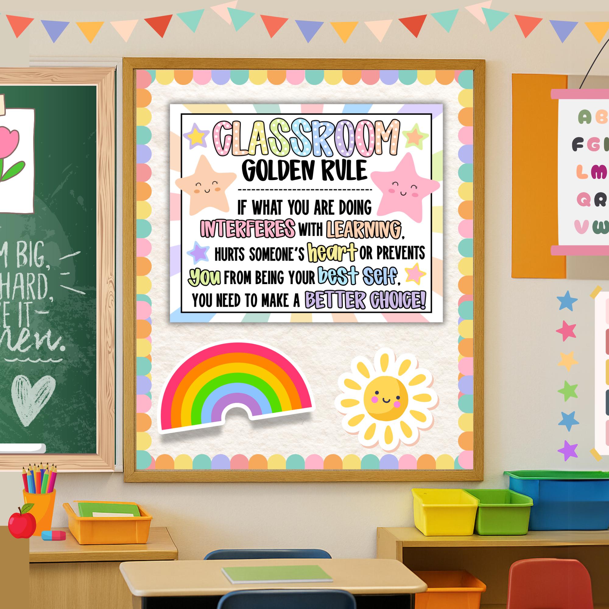 Pastel Rainbow Classroom Golden Rule Poster, Kindergarten Class Rules ...