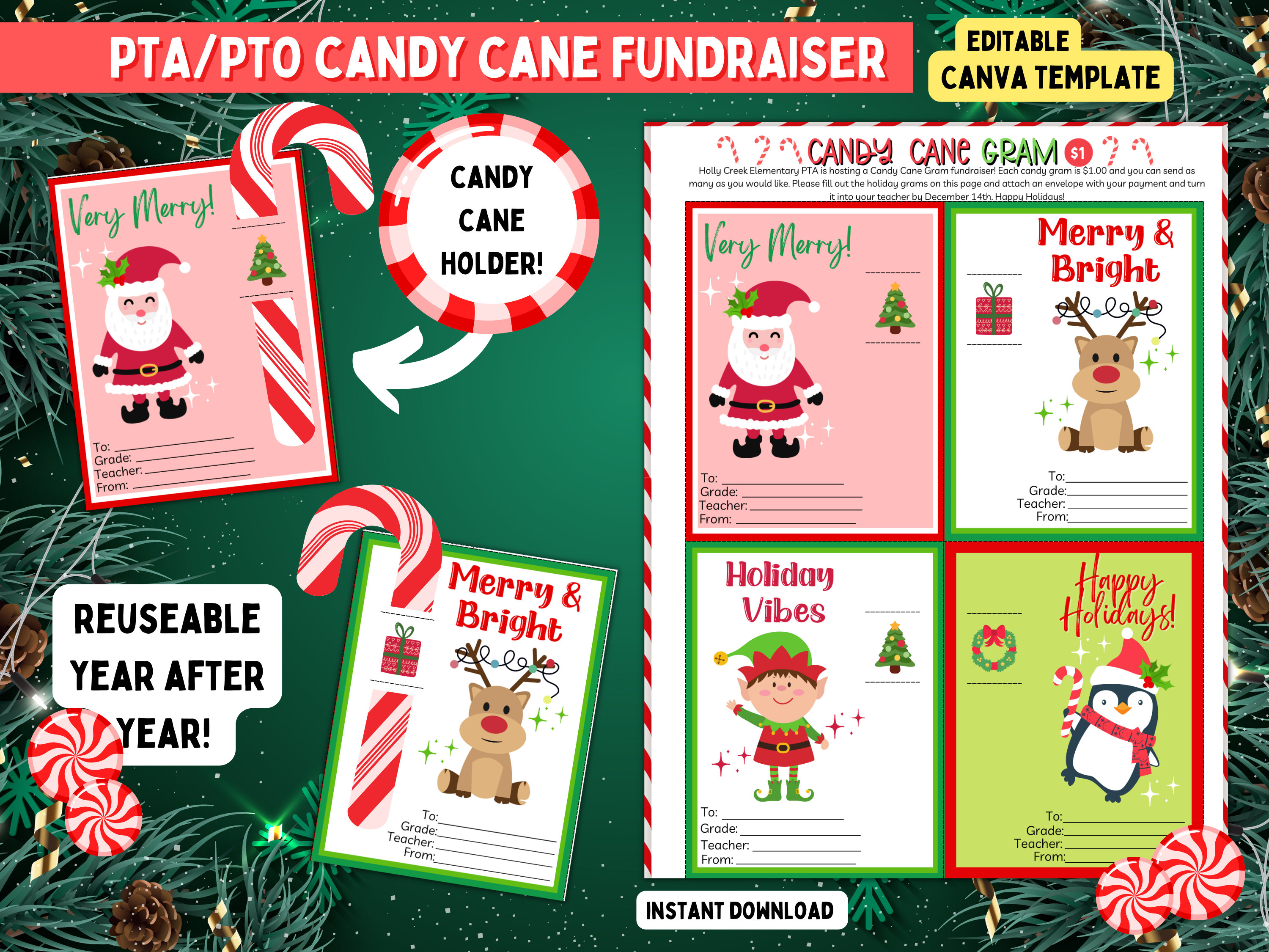 PTA PTO Candy Cane Holder Candy Gram | Christmas Gram | Holiday Gram ...
