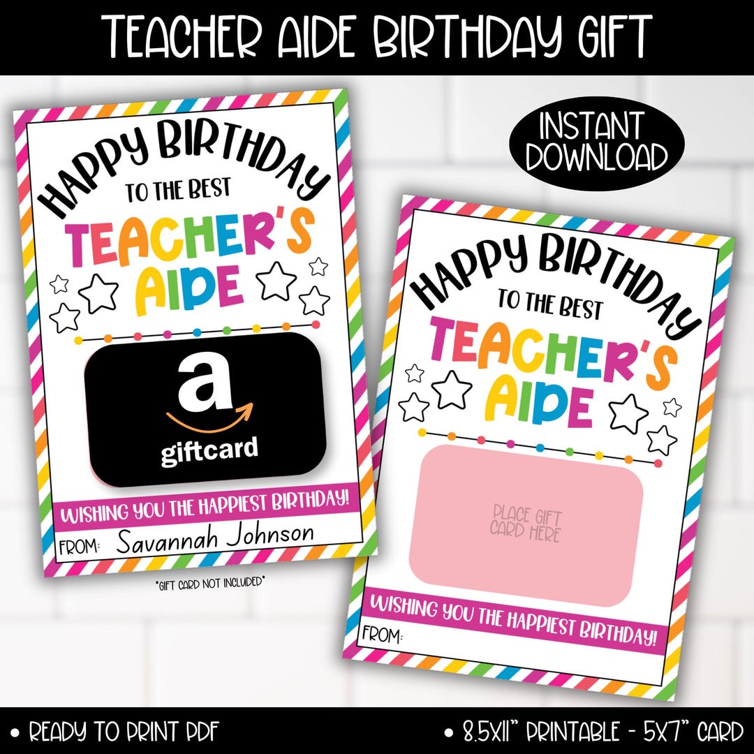Teacher Aide Birthday Day Gift Card Holder, Teacher's Aide Bday Gifts ...