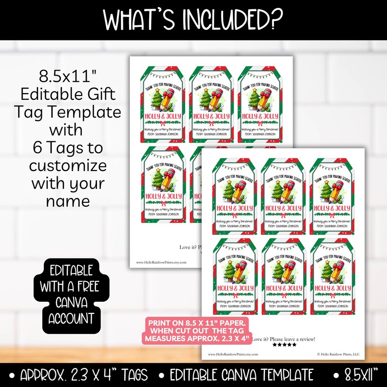 Teacher Christmas Gift Tag Card Template, Holiday Teacher Staff ...