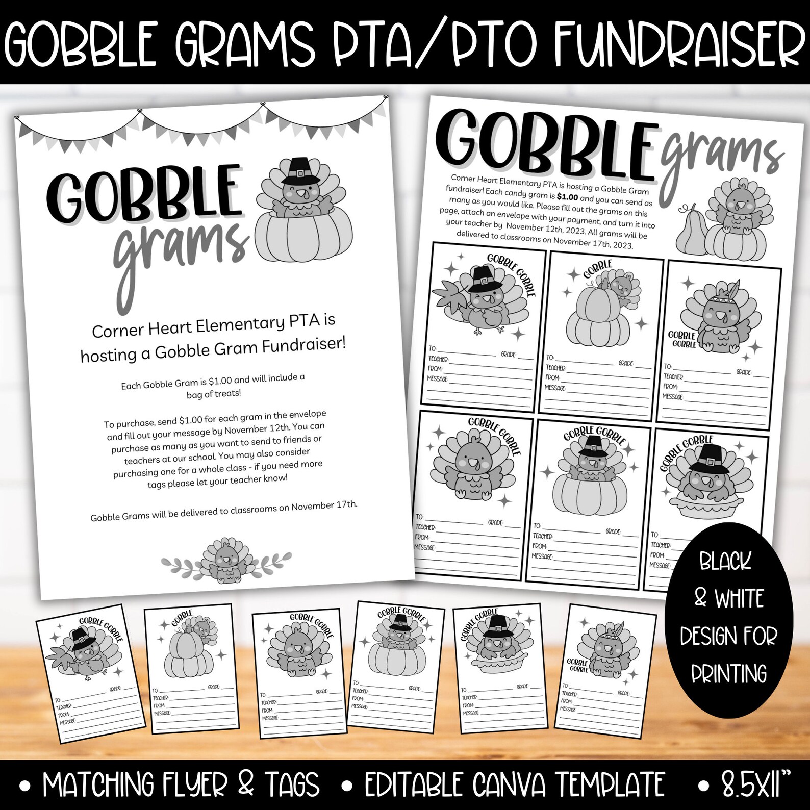 PTA PTO Gobble Turkey Thanksgiving Gram Fundraiser Flyer Template ...