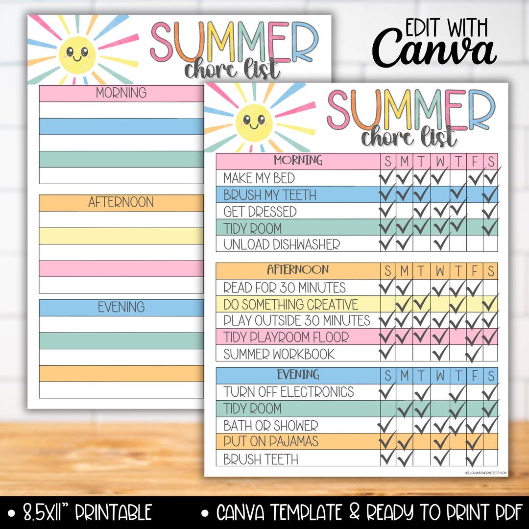 Editable Summer Chore Chart List for Kids, Teen Chores Reward System ...