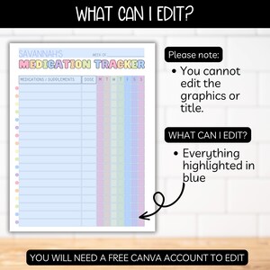 Medication Tracker Log Chart List Planner Kids Cute Printable Template ...