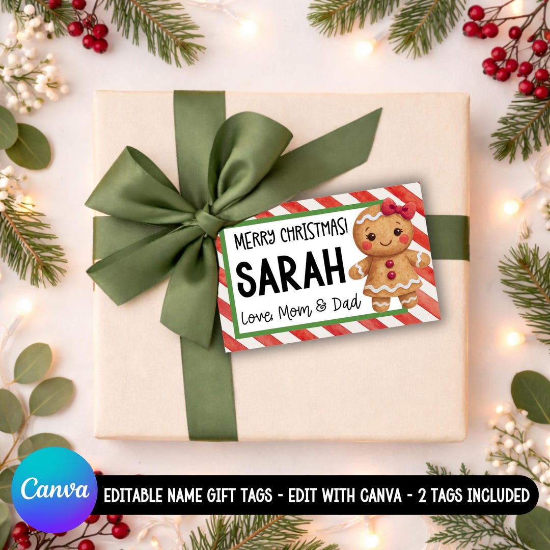 Editable Gingerbread Christmas Name Gift Tags, Personalized Santa Tags ...