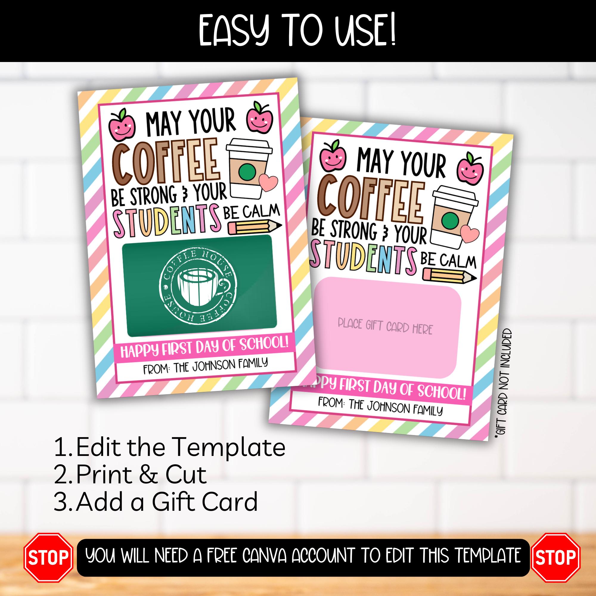 Editable Coffee Gift Card Holder for Teacher, Back to School Printable ...