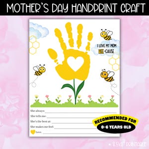 Mother's Day Bee Flower Handprint Craft, Gift for Mom Printable, Spring ...