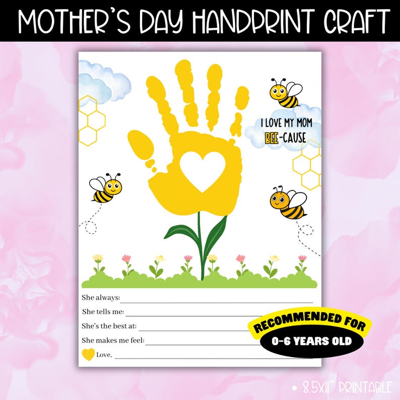 Mother's Day Bee Flower Handprint Craft, Gift for Mom Printable, Spring ...