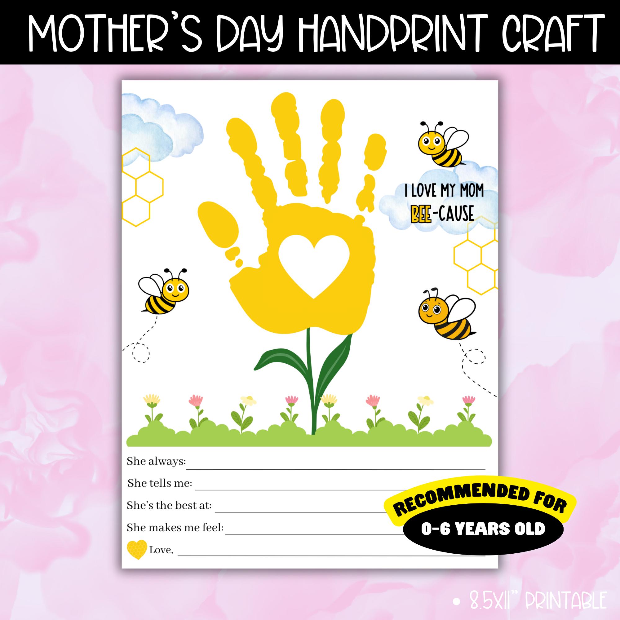 Mother's Day Bee Flower Handprint Craft, Gift for Mom Printable, Kids ...