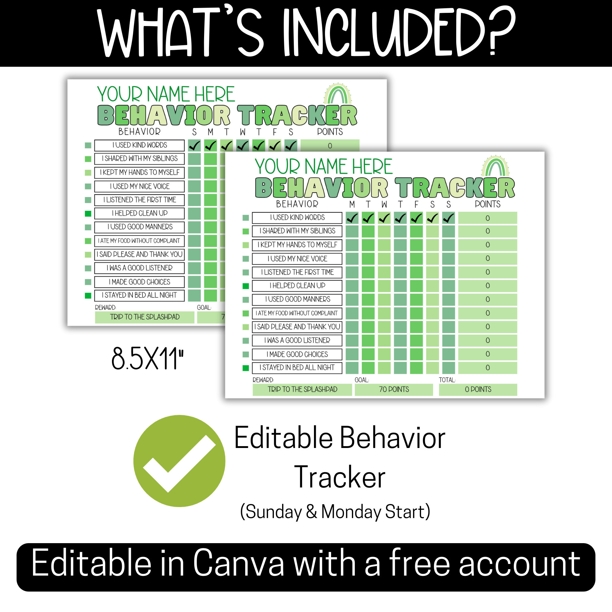Green Editable Behavior Tracker for Kids, Good Behavior Chart, Toddler ...