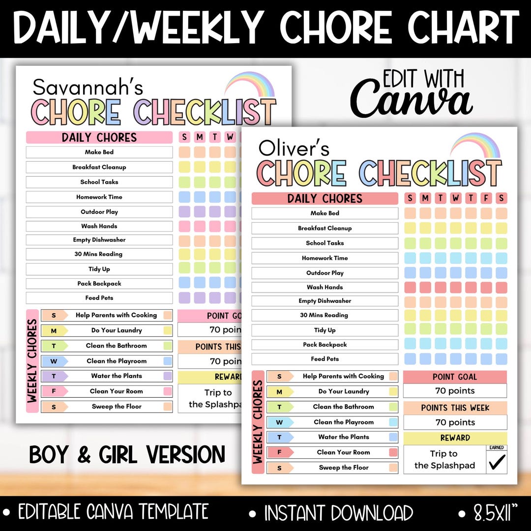 Editable Weekly Kids Chore Chart Printable, Kid to Do List, Daily ...