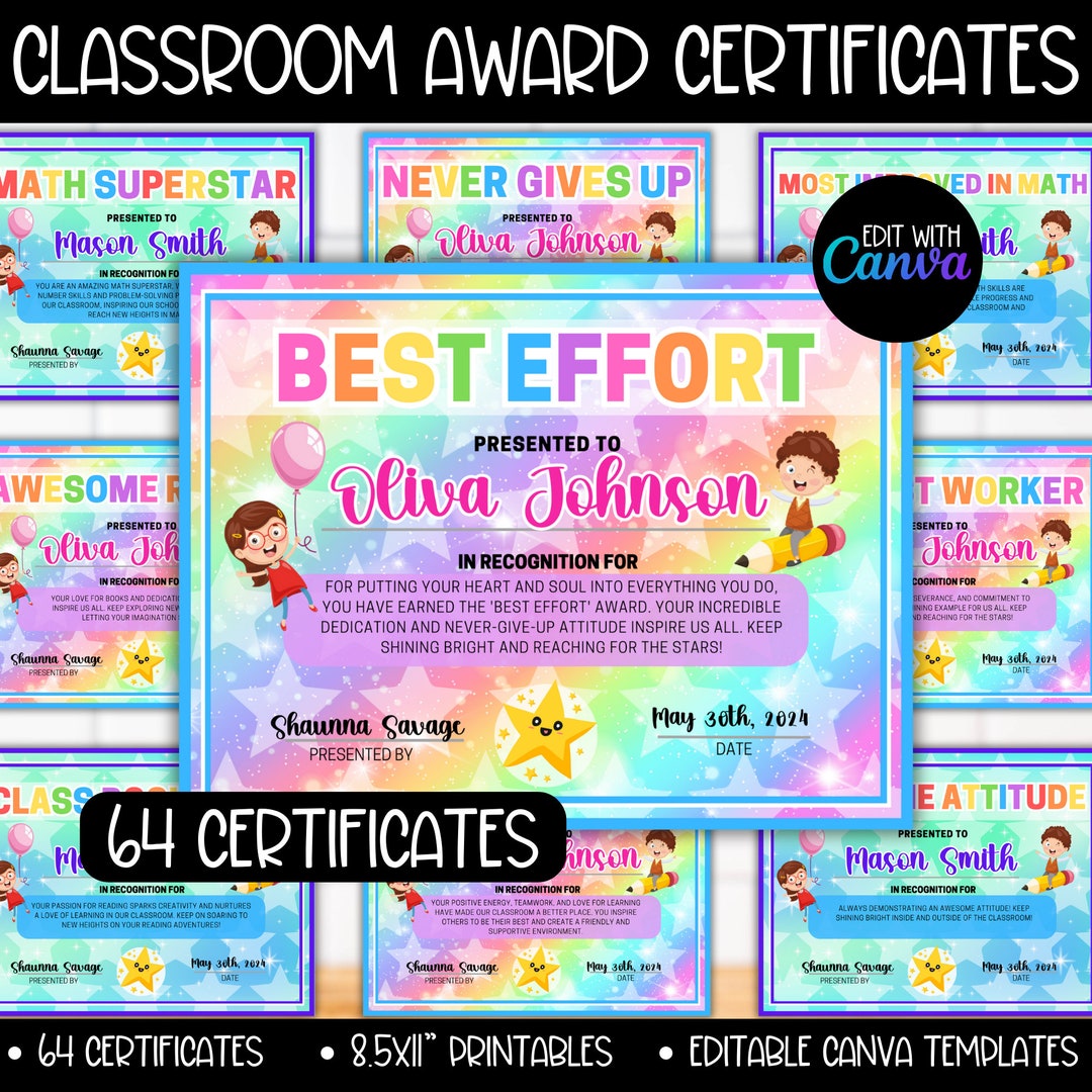 64 Student Award Certificates, Classroom End of Year Certificate ...