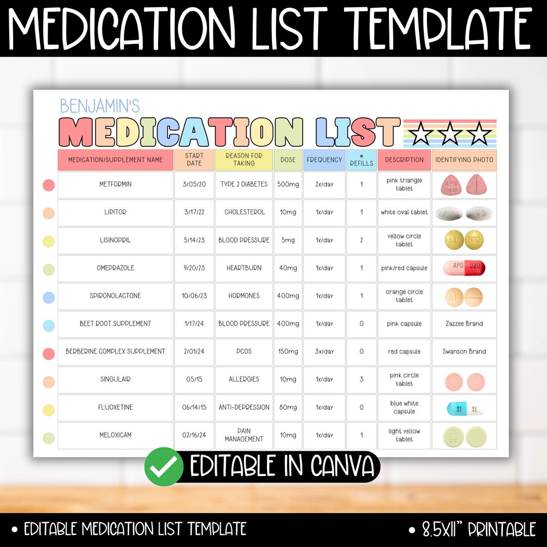 Medication Supplement List Tracker Log Chart Printable Template ...