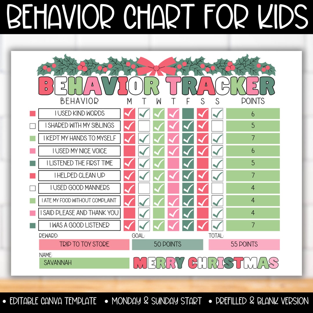 Christmas Editable Behavior Tracker for Kids, Holiday Classroom Student ...
