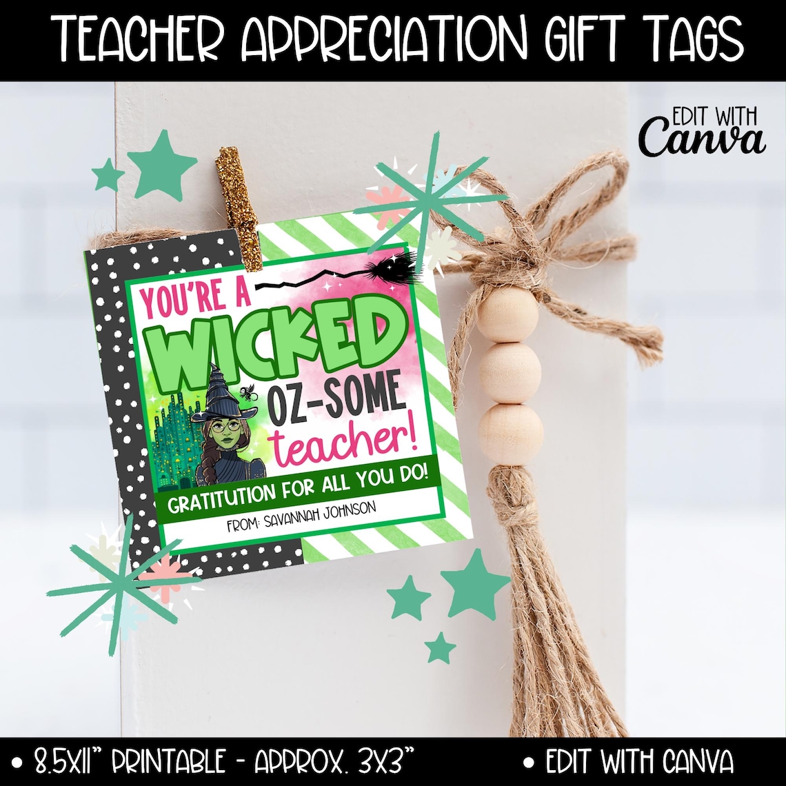 Wicked Teacher Appreciation Week Theme Gift Tags Canva Template, Oz ...
