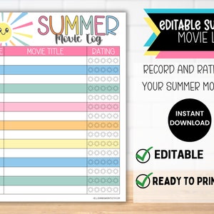 Summer Movie Chart Log | Dinner & Movie Chart | Movie Log for Kids ...