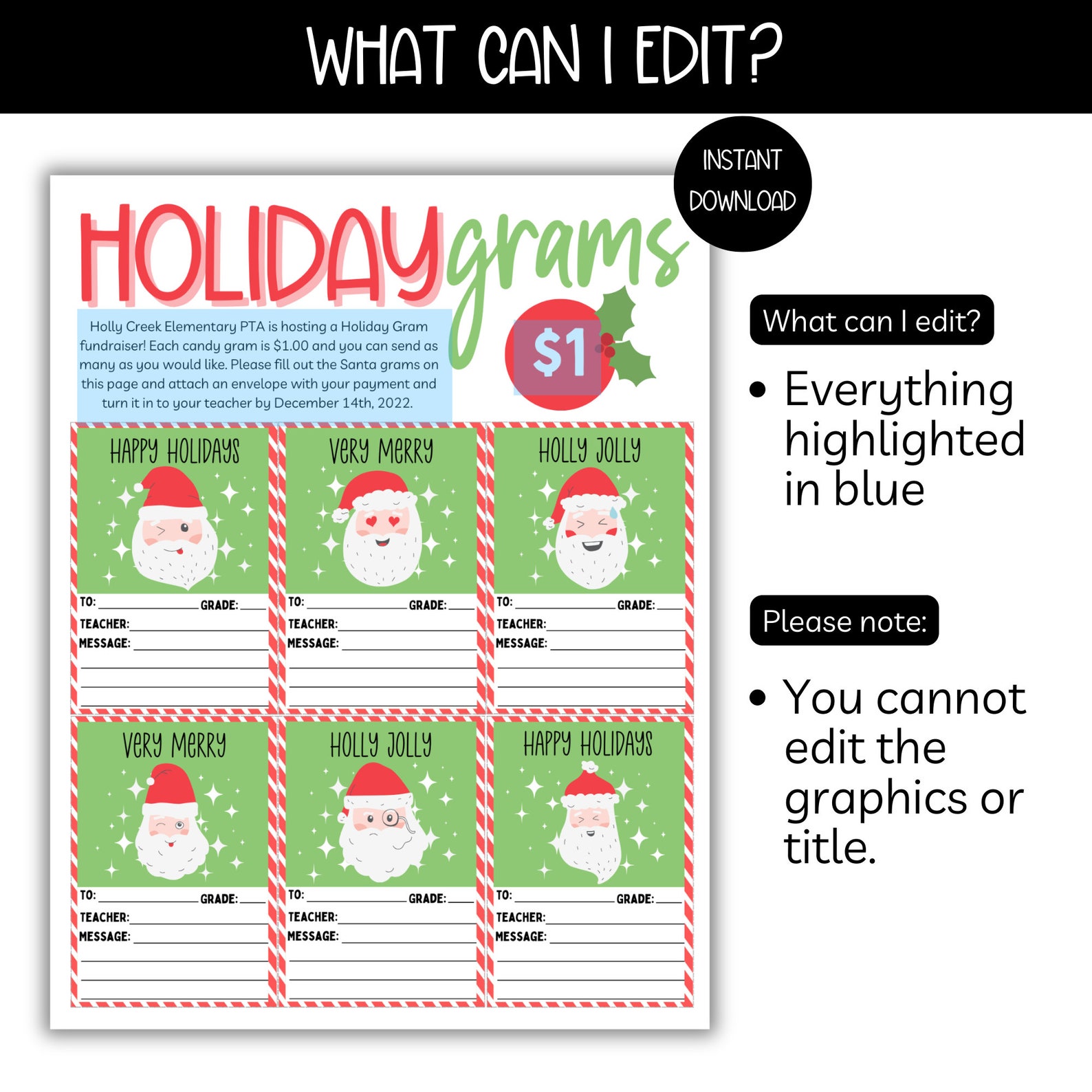 PTA PTO Christmas Holiday Gram Fundraiser Flyer Template, Winter School ...